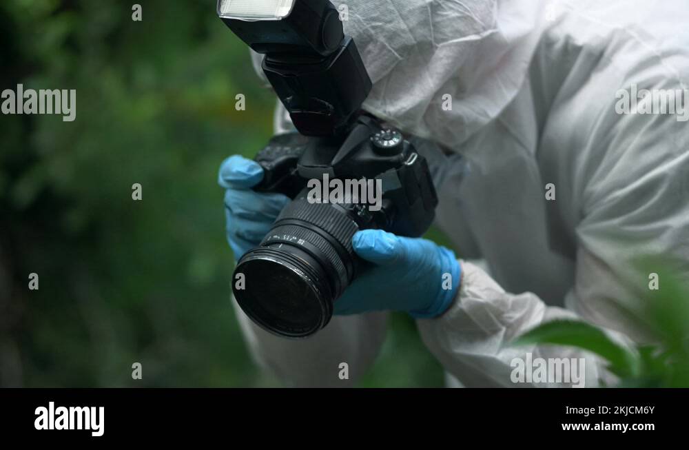 Forensics Crime Scene Police Photographer Working In Woods, Murder ...