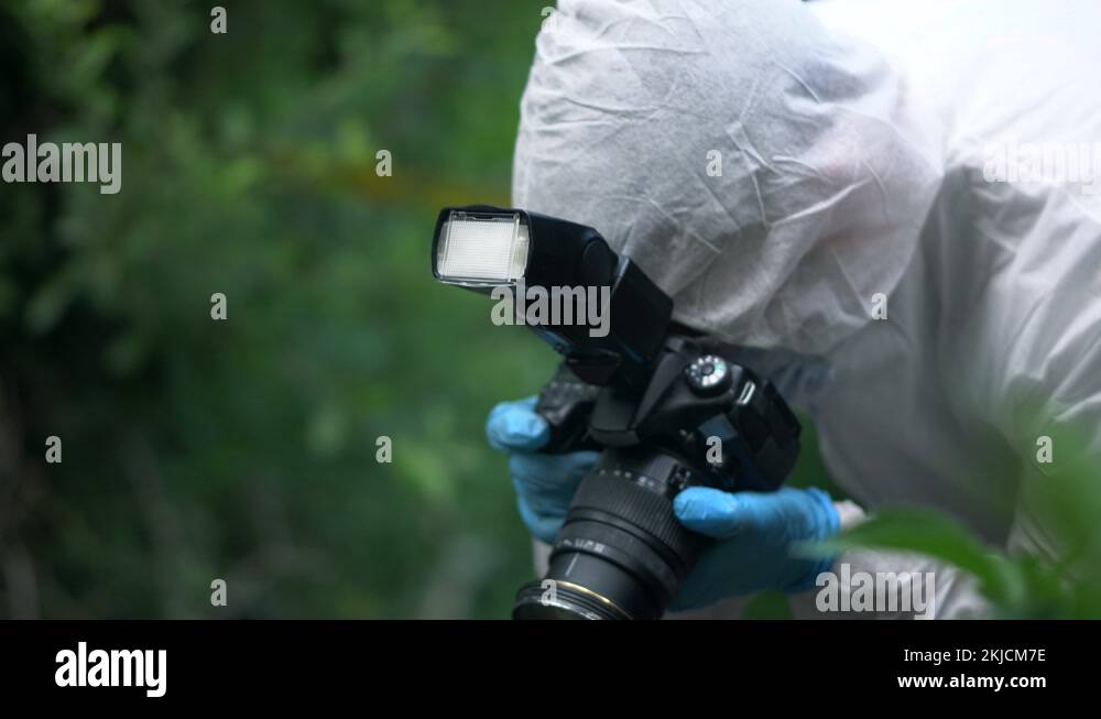 Forensics Crime Scene Police Photographer Working In Woods, Murder ...
