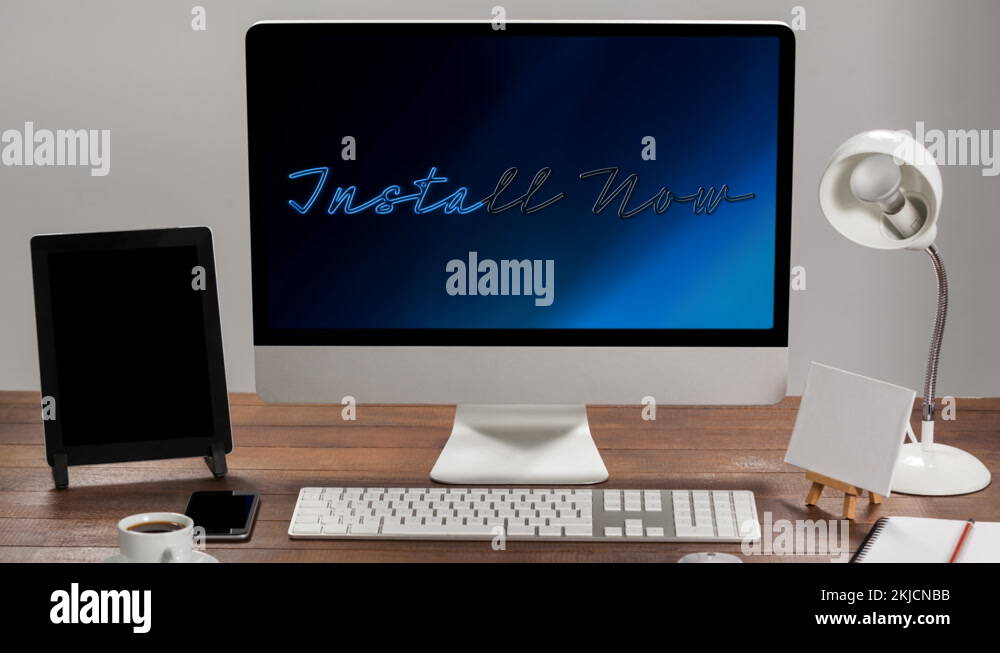 Animation of words Install Now flickering on screen of a desktop ...