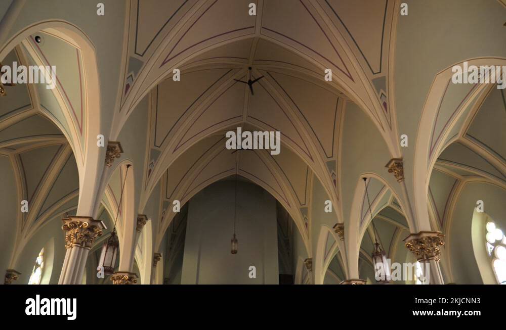 Celing of American Catholic Church, Pillars in Vintage Style, Low Angle ...