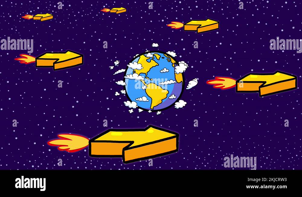 Stars pulsing in space and rocket arrows and Earth cartoon animation ...