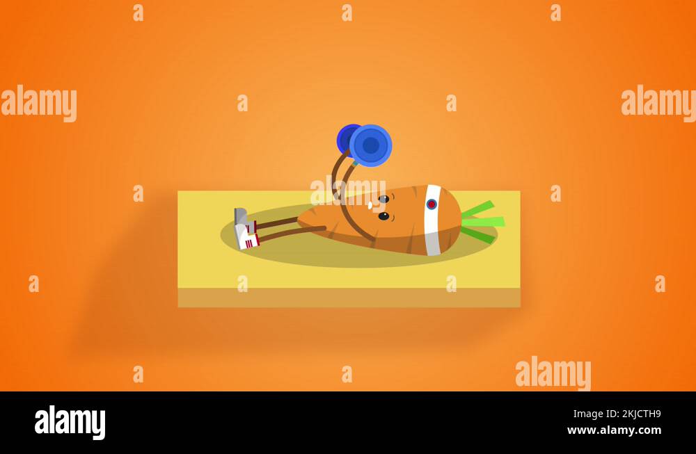 Cute carrot character doing bench press workout with a barbell ...