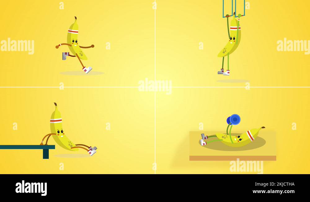 Cute kawaii cartoon banana character in the gym doing exercises and ...
