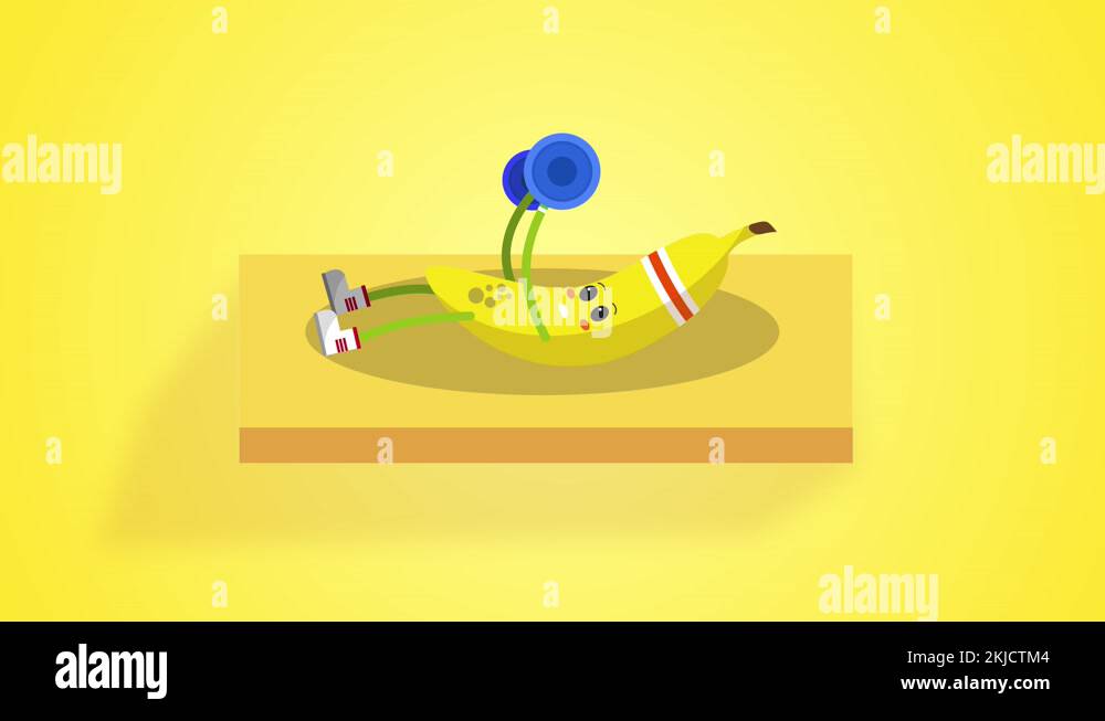 Cute banana character doing bench press workout with a barbell ...