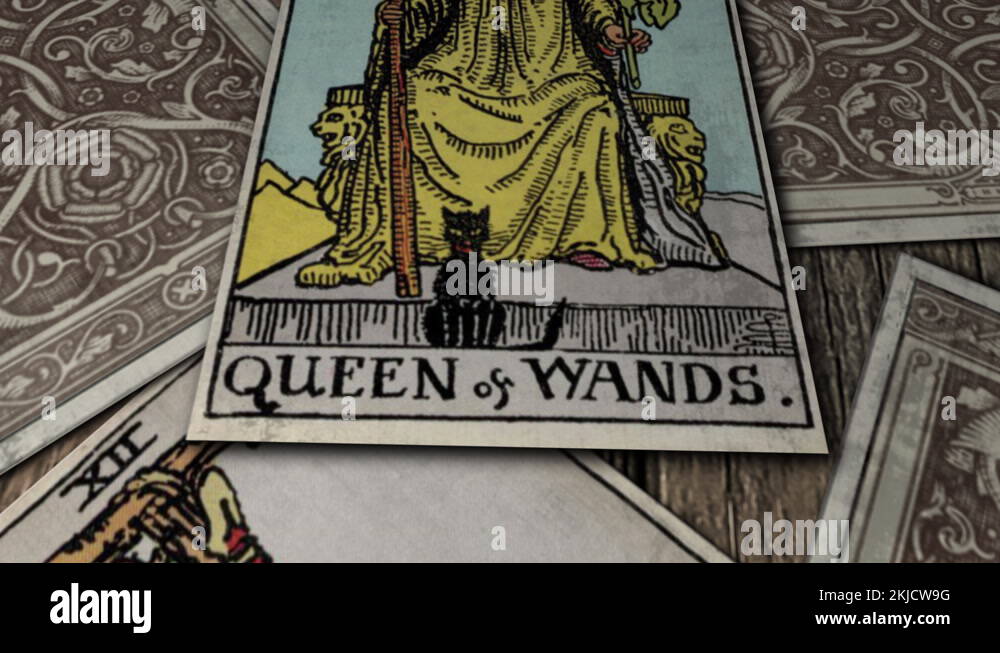 Tarot card queen of wands, strong woman in yellow on throne, female ...