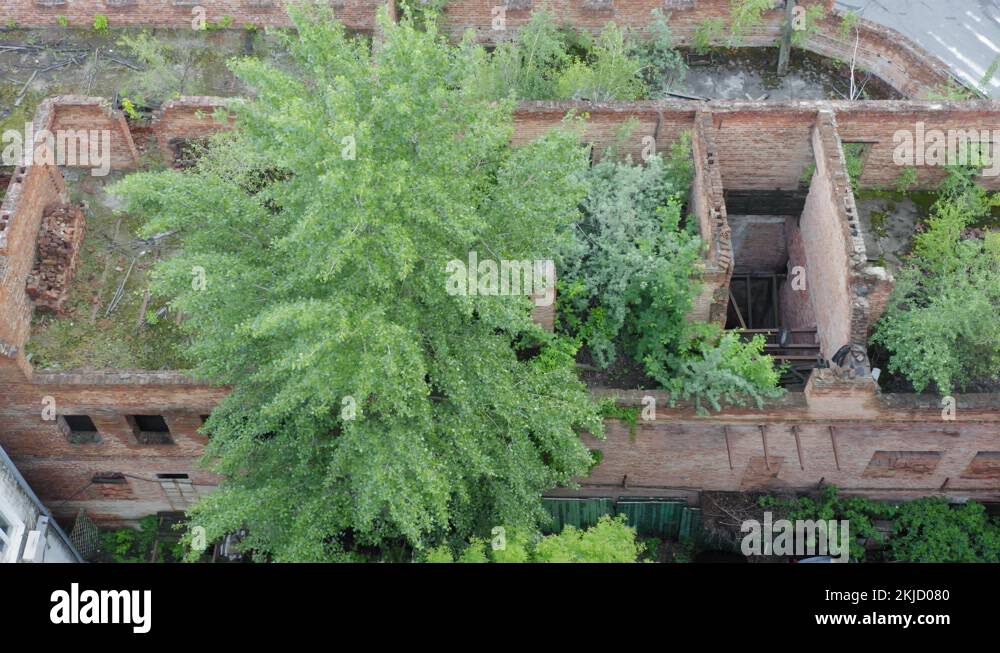 Abandoned old apartment building ruin with broken windows and rooftop ...