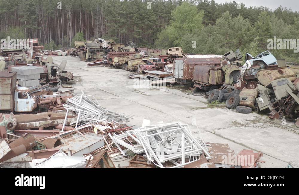 Chernobyl nuclear power plant. Car dump in exclusion zone. Buryakovka ...