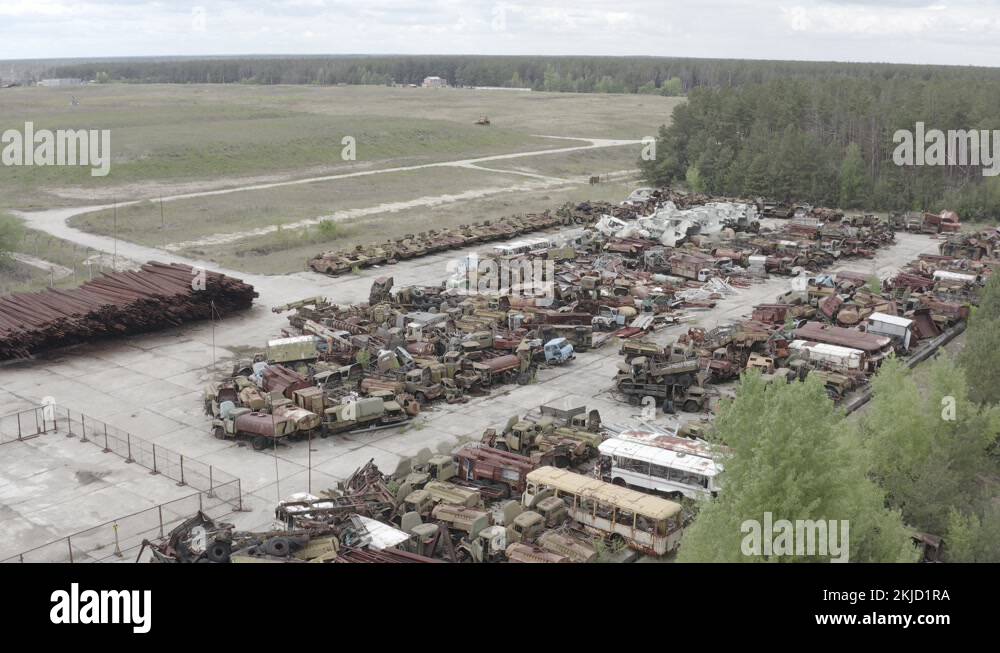 Chernobyl nuclear power plant. Car dump in exclusion zone. Buryakovka ...