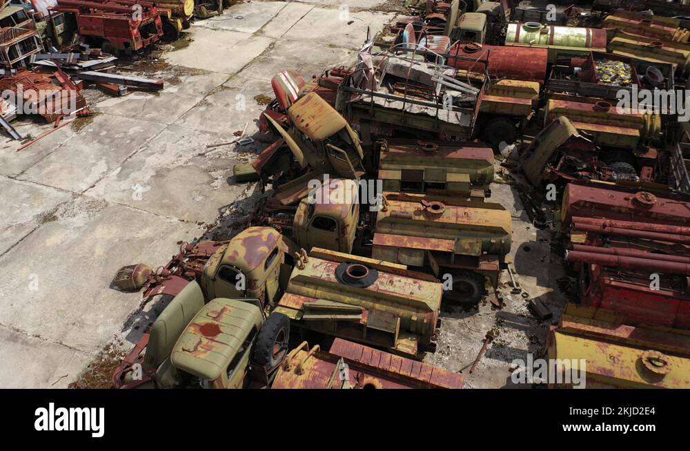 Chernobyl nuclear power plant. Car dump in exclusion zone. Buryakovka ...