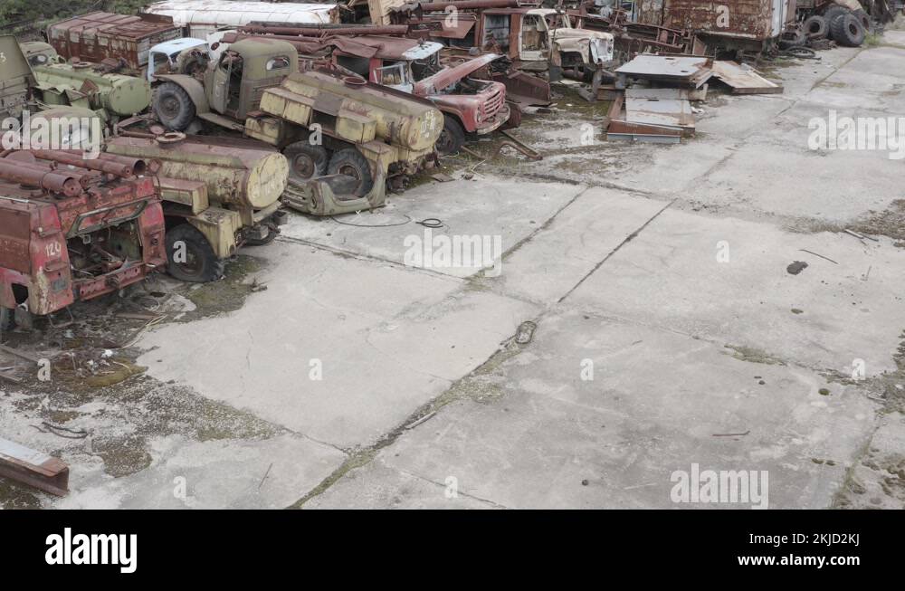 Chernobyl nuclear power plant. Car dump in exclusion zone. Buryakovka ...