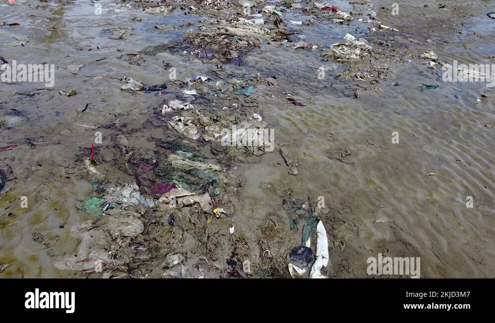 The filthy state of the sandy bottom during low tide by a beach in ...