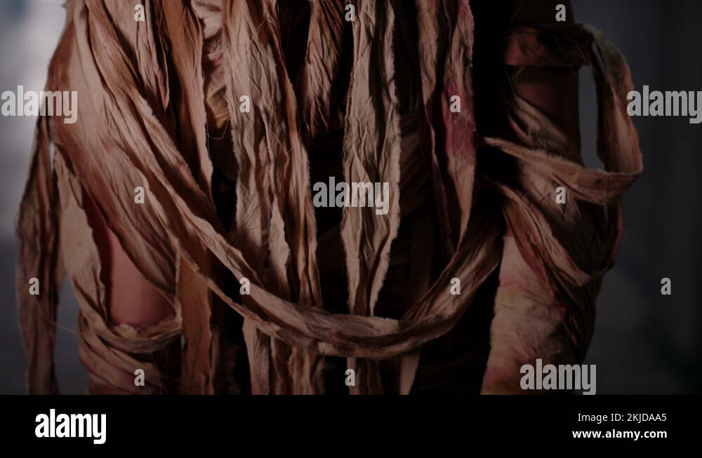 Scary ancient mummy covered in bandages in cursed hallway of old house ...