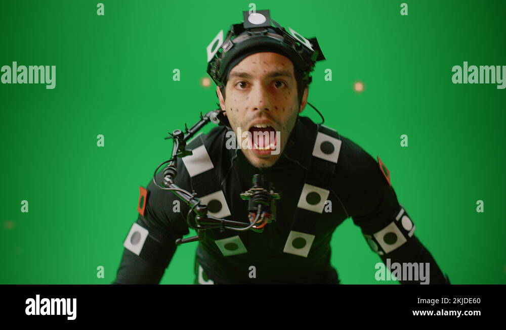 Green Screen Chroma Key Background Man Wear Motion Capture Suit Acts ...