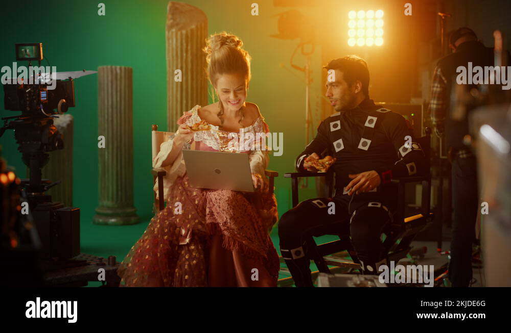 Film Studio Historic Movie Two Actors Talk Use Laptop on Green Screen ...