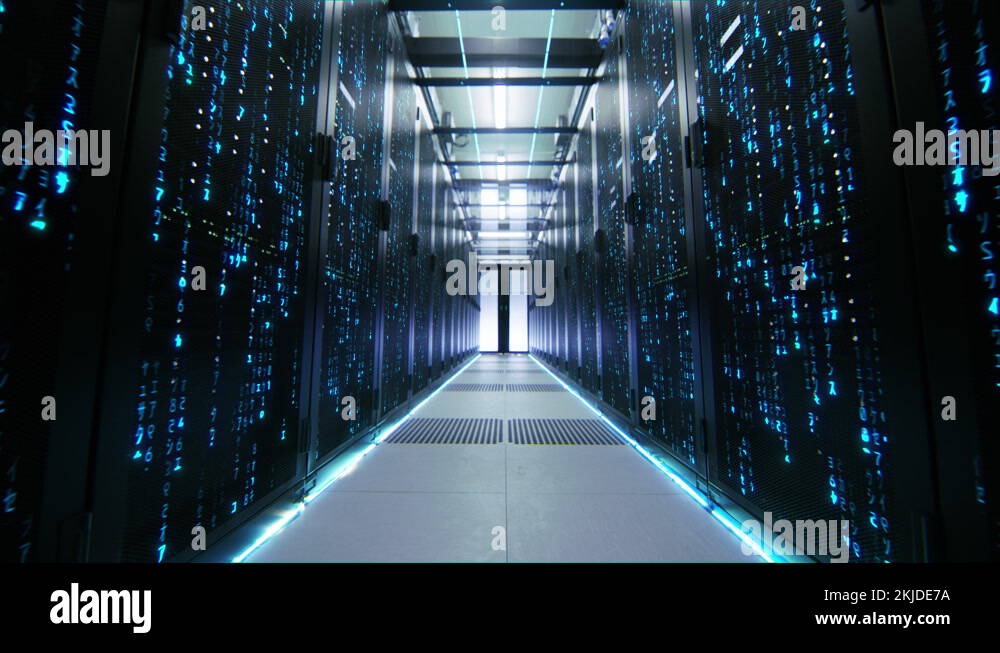 Data Center Matrix Style Numbers Raining in Server Racks. Animation Visualizing Stock Video ...