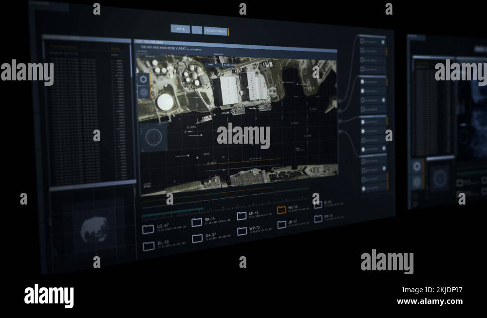 Spy drone scans port city, town on map, Data Screen, UI Graphic ...