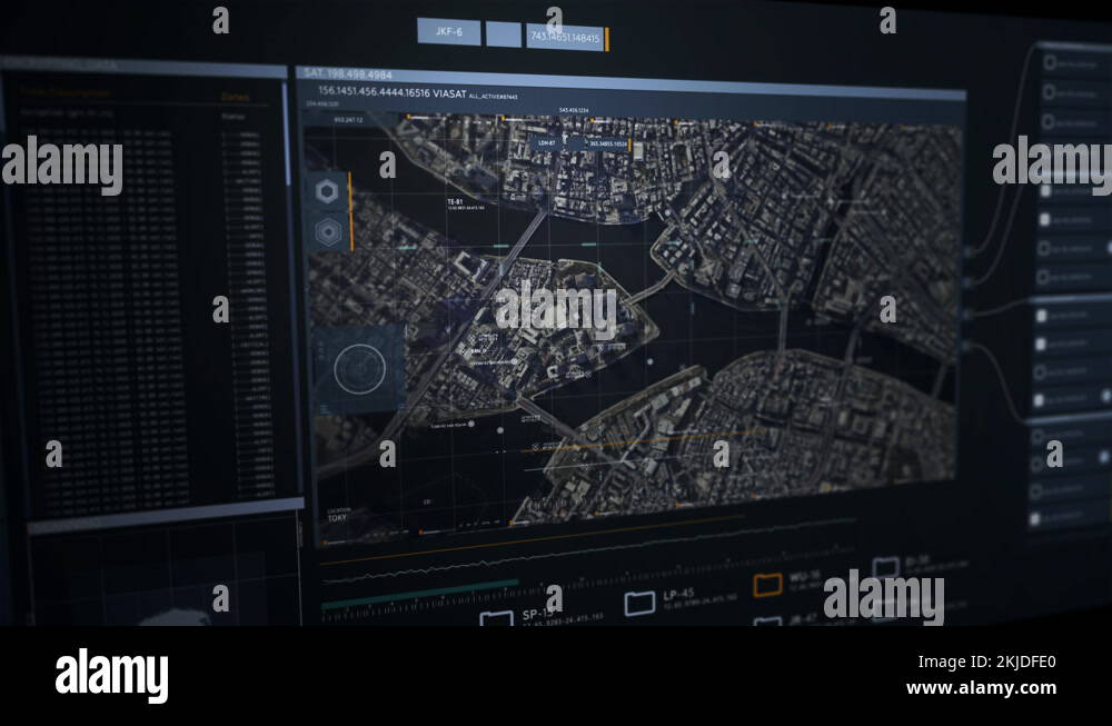 Tokyo map on computer data screen, spy follows object, ui, technology ...