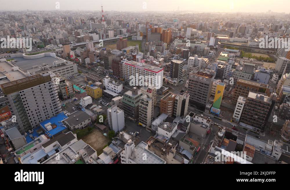 Osaka cityscape from height, aerial view of Nishinari and Naniwa wards ...