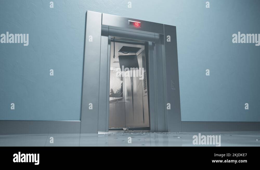 Animation of the modern ruined elevator with a broken mirror.Danger ...