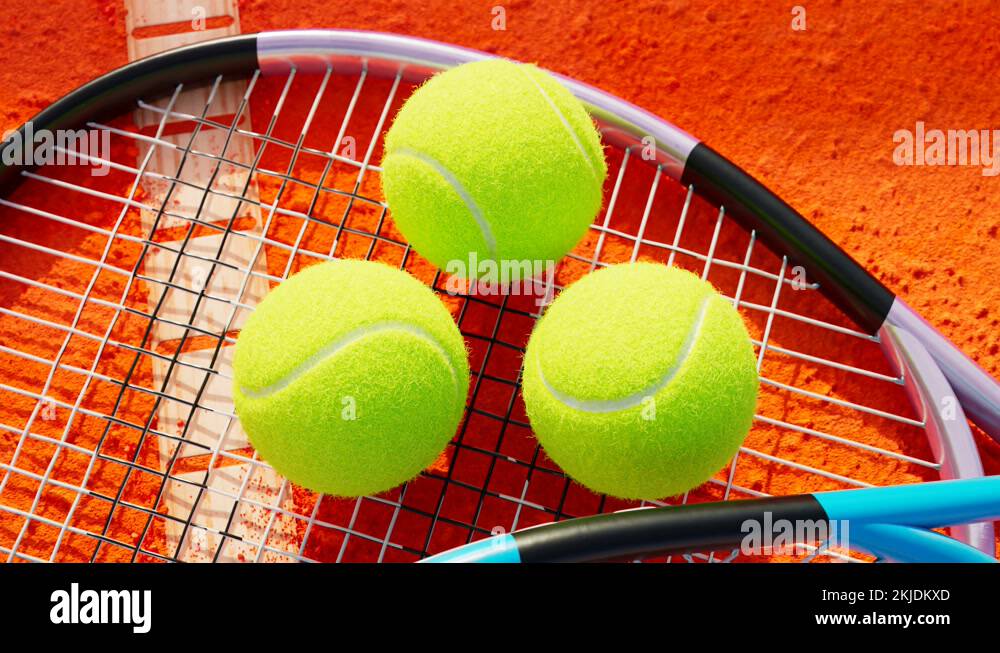 Animation of tennis rackets and ball on the orange tennis court. Render ...