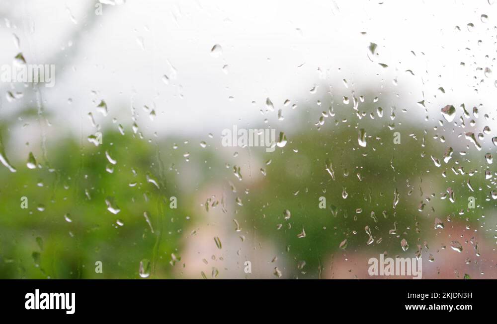 weather forecast, video screensavers concept - close-up rain drops flow ...
