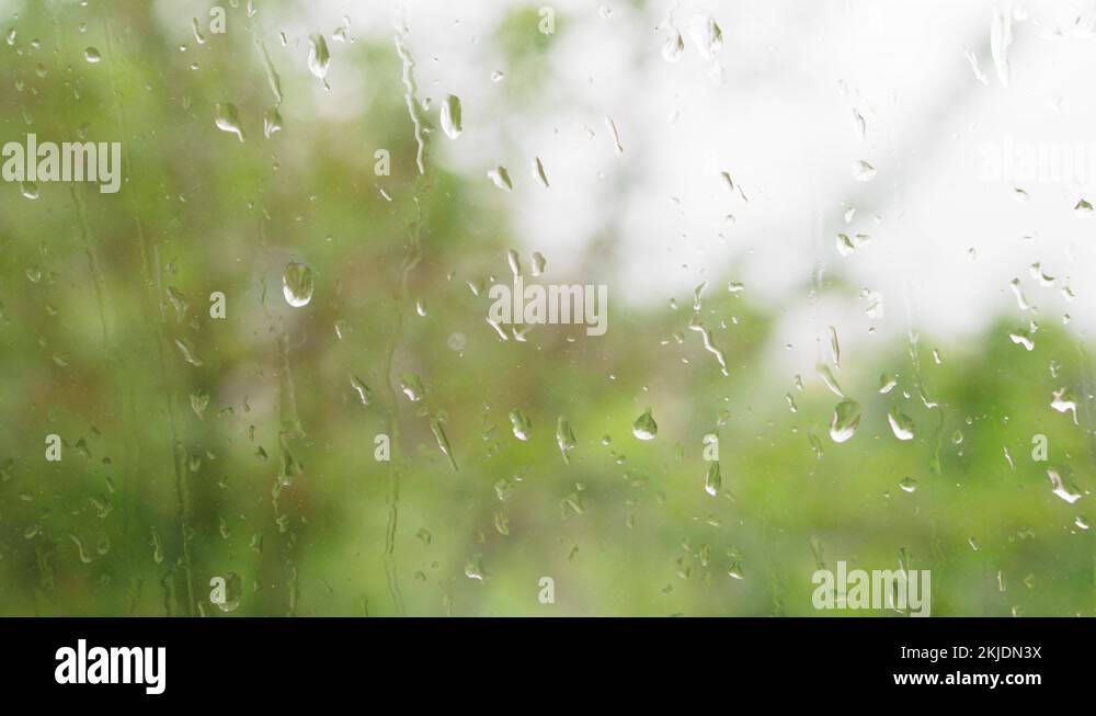 weather forecast, video screensavers concept - close-up rain drops flow ...