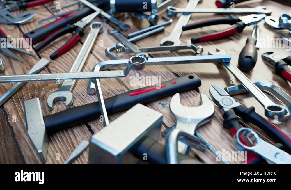 Garage tools random scattered on the workbench. Loopable animation ...