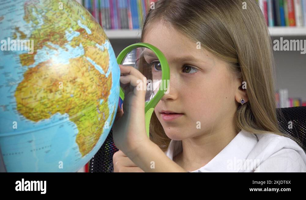 Kid Studying Earth Globe, Child in School Class, Girl Learning, Student ...