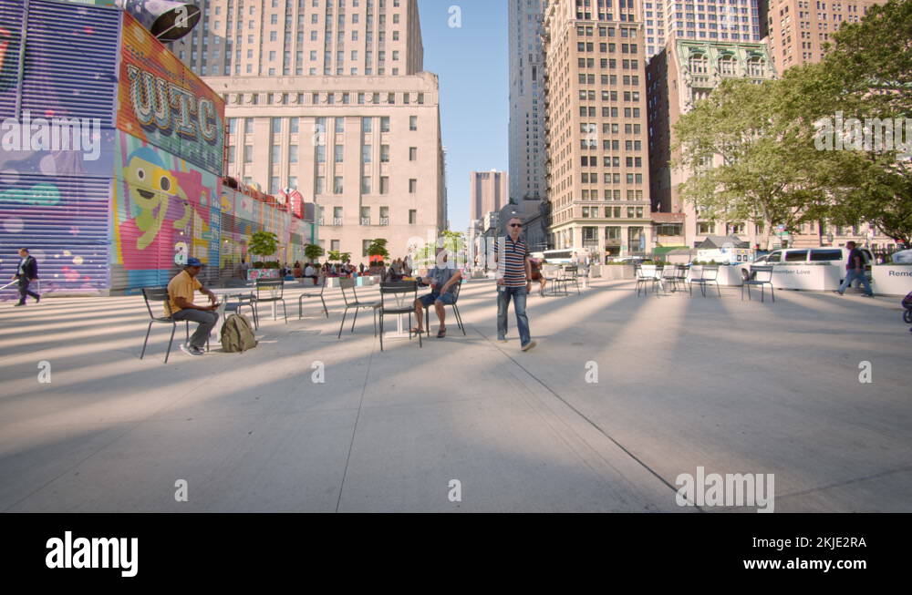 New York City World Trade Center complex open public space, sunny ...