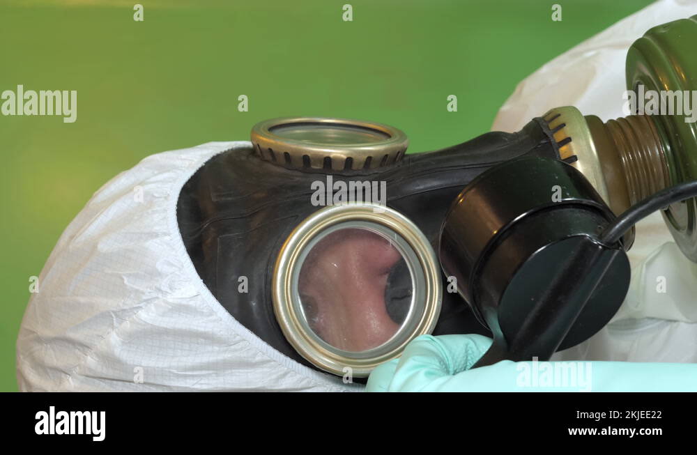 Closer look of the gas mask protection on his face.vertical shot.4K ...