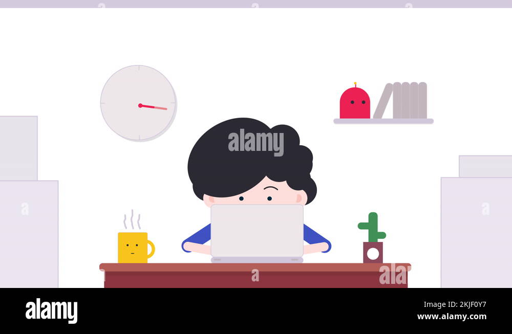 2D Animation Loop. Cute Cartoon Character Working on the office room ...