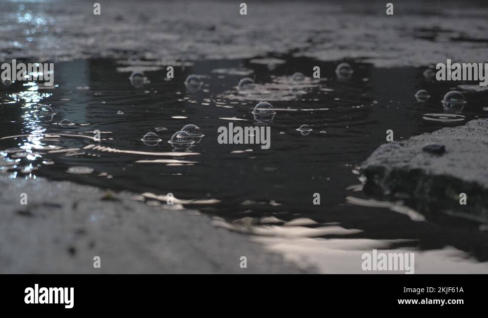 Drops of rain water fall into a large puddle on the pavement, flooding ...