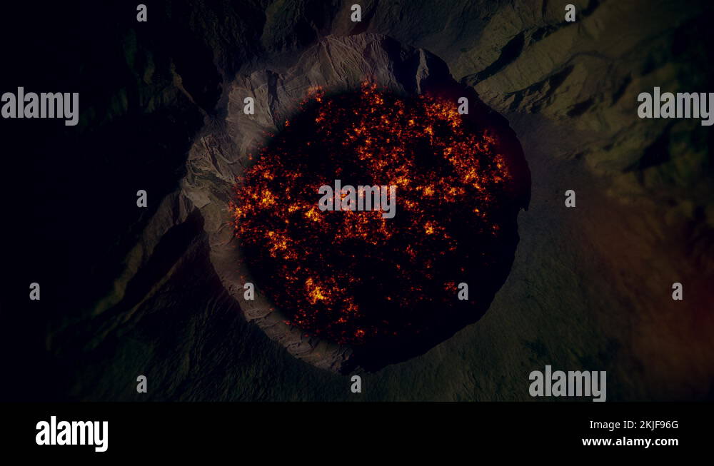 An aerial view over an active volcano with molten hot lava bubbling ...