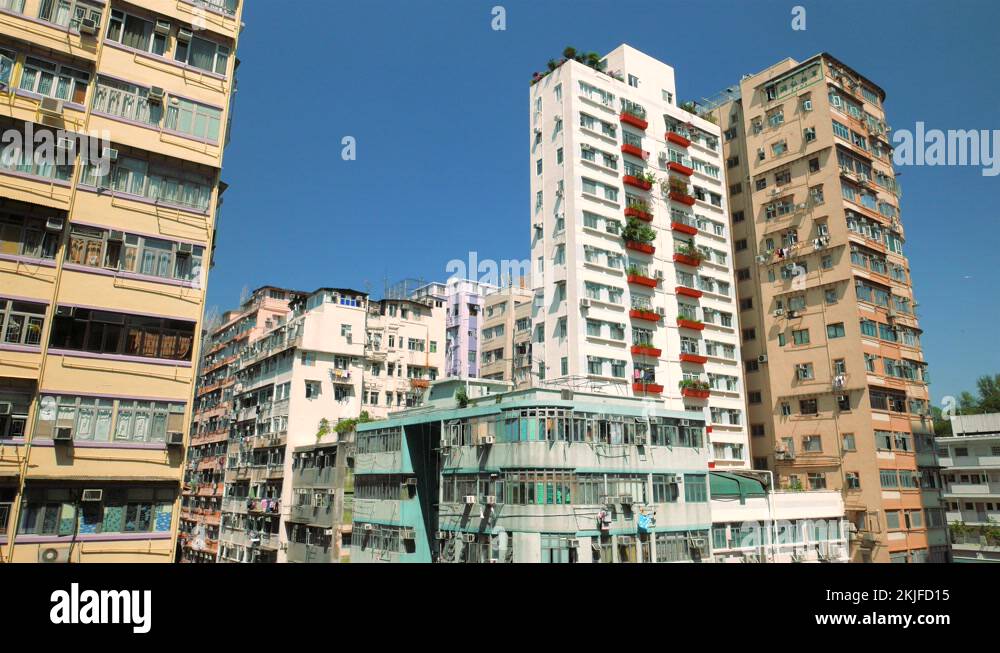 Hong Kong street view. Houses in dense populated area of Kowloon ...