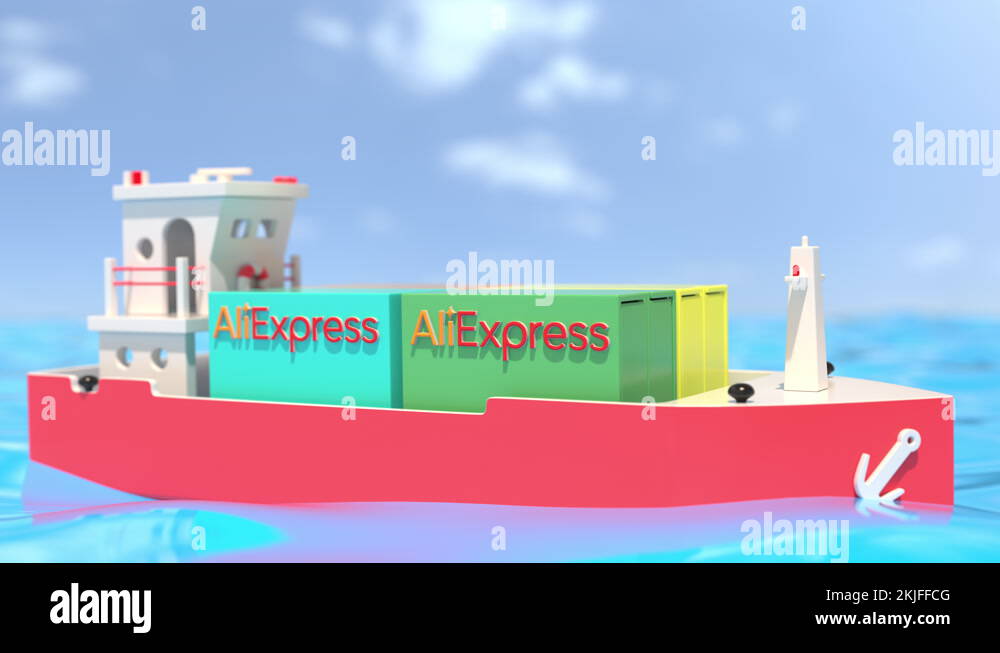Toy cargo ship delivers containers with AliExpress logo. Editorial ...