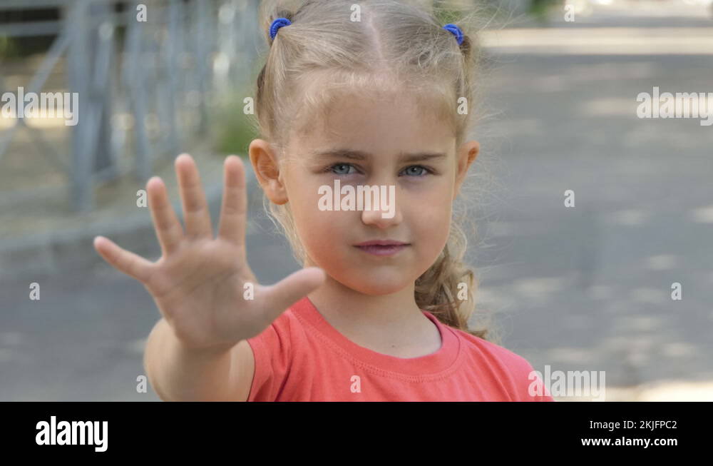 Stop Sign Hand Child Person Portrait. Little Girl Annoyed Making Stop ...
