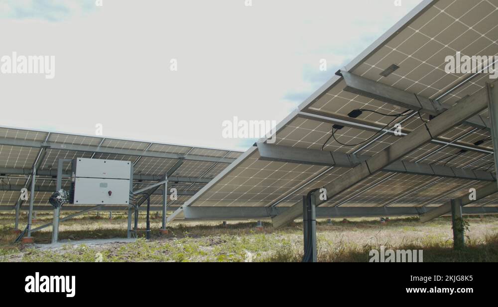 Footage of the rear sides of the solar panels at the solar power ...