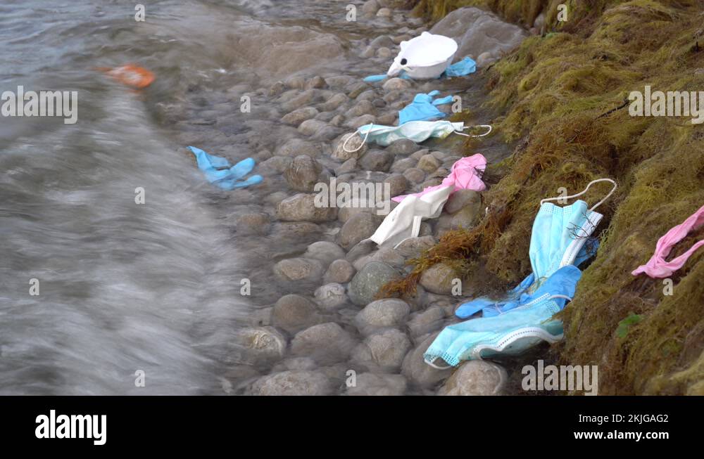 Medical Covid -19 waste washed ashore. Disposable thrown away masks and ...