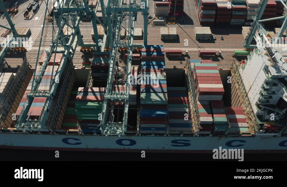 Loading container ship, cargo. 4K aerial of industrial port, Los ...