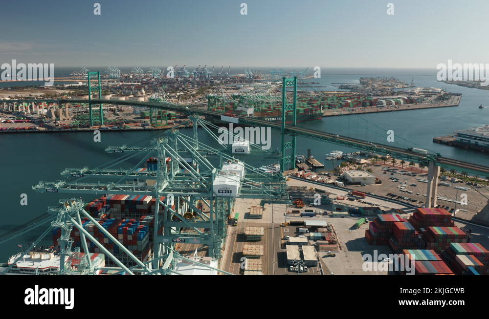 Container ship loading and unloading in deep sea port. Panorama port 4K ...