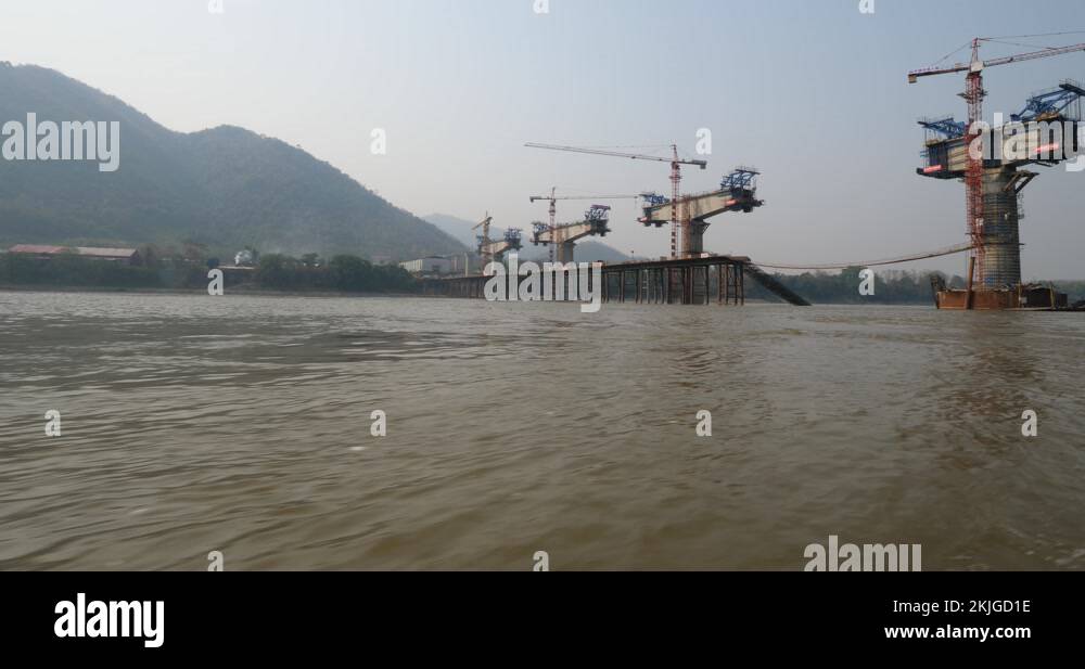 Chinese mega train bridge project on the Mekong River, Loas Stock Video ...