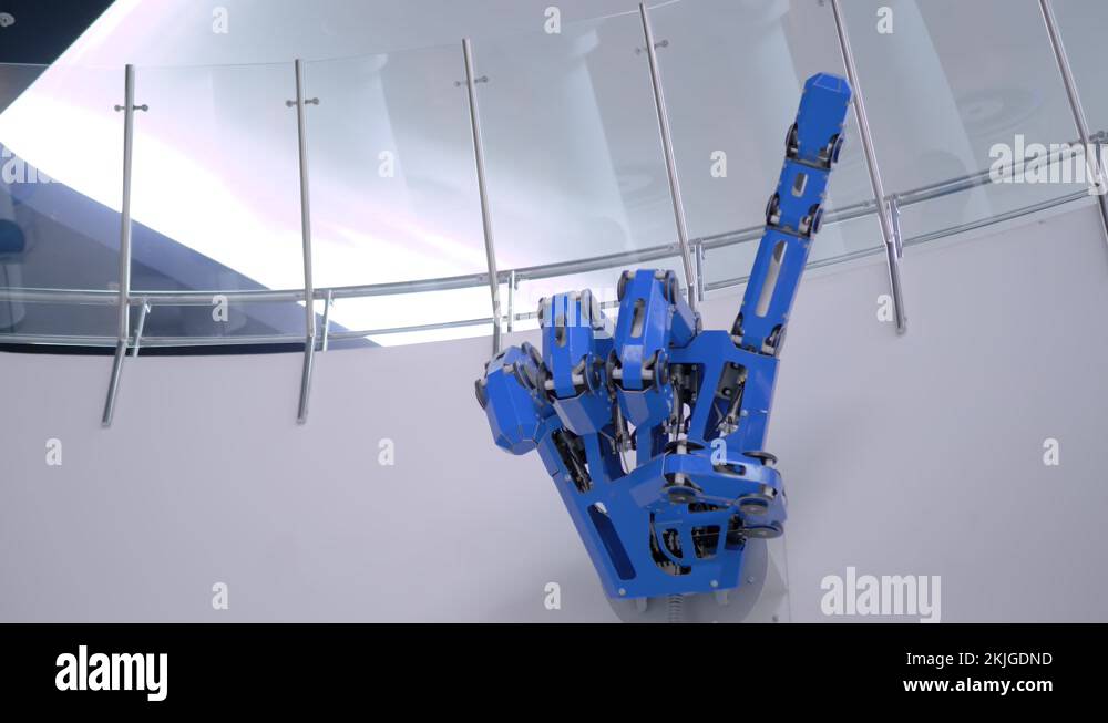 Futuristic big blue mechanical robotic hand showing devil horn gesture ...