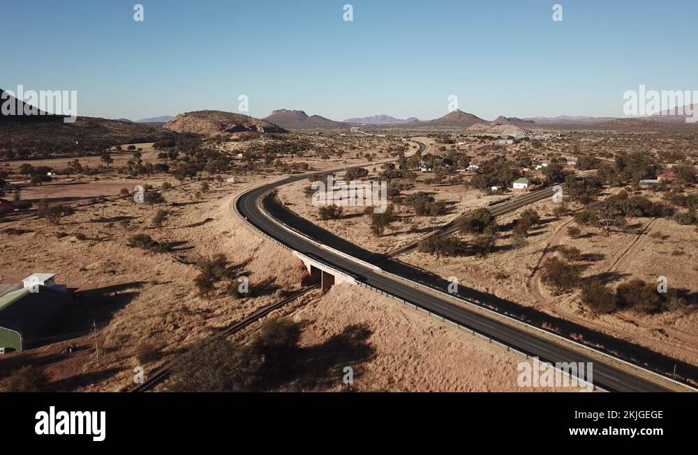 4K aerial video of highway and Aris railway station in Namibia Stock ...