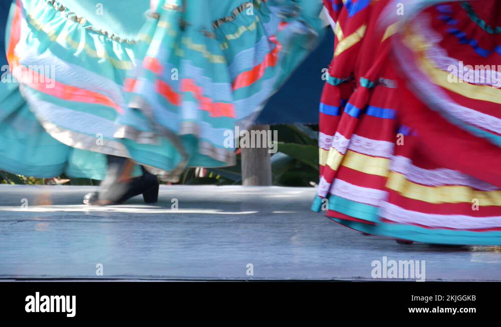 Latino women in colourful traditional dresses dancing Jarabe tapatio, mexican Stock Video ...