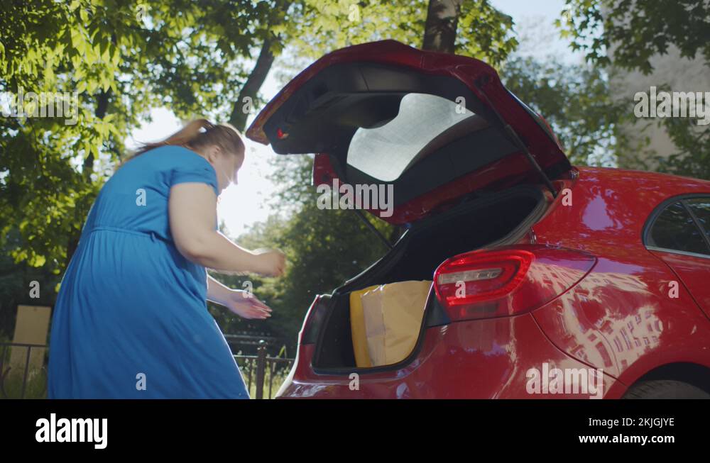 Young obese woman taking paper bags from car trunk after supermarket ...