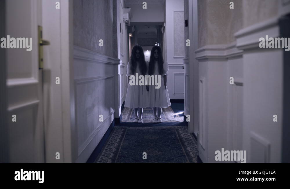 Evil twins standing in dark hall, vintage hotel horror story, scary ...