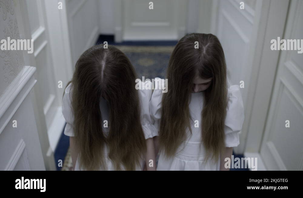 Scary evil twins staring at cam, creepy nightmare, supernatural ...