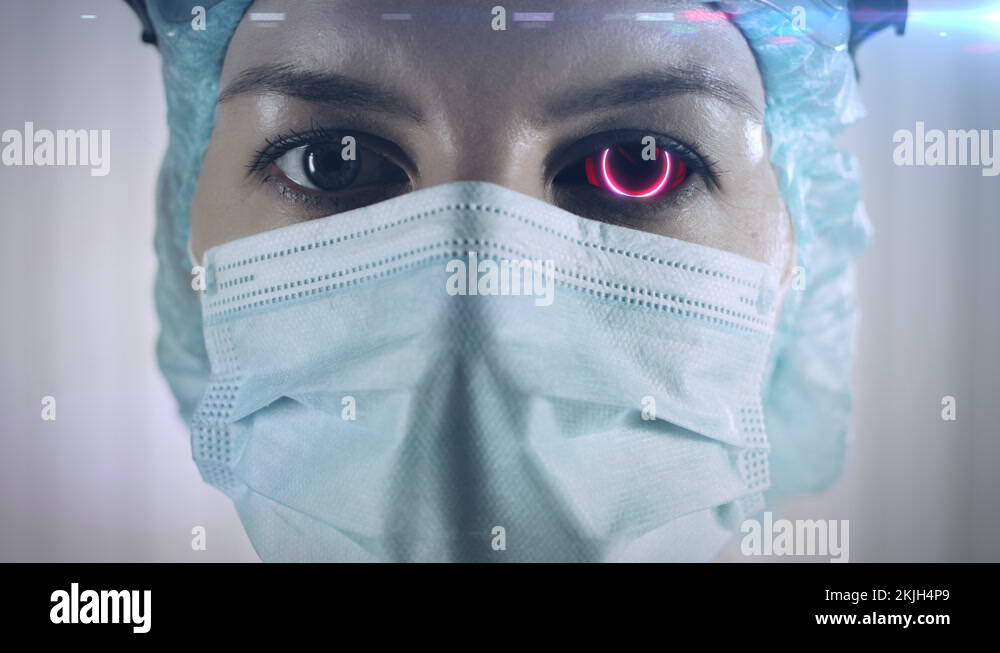 Evil doctor with one red beaming eye, hypnosis, cyborg, dark magician ...