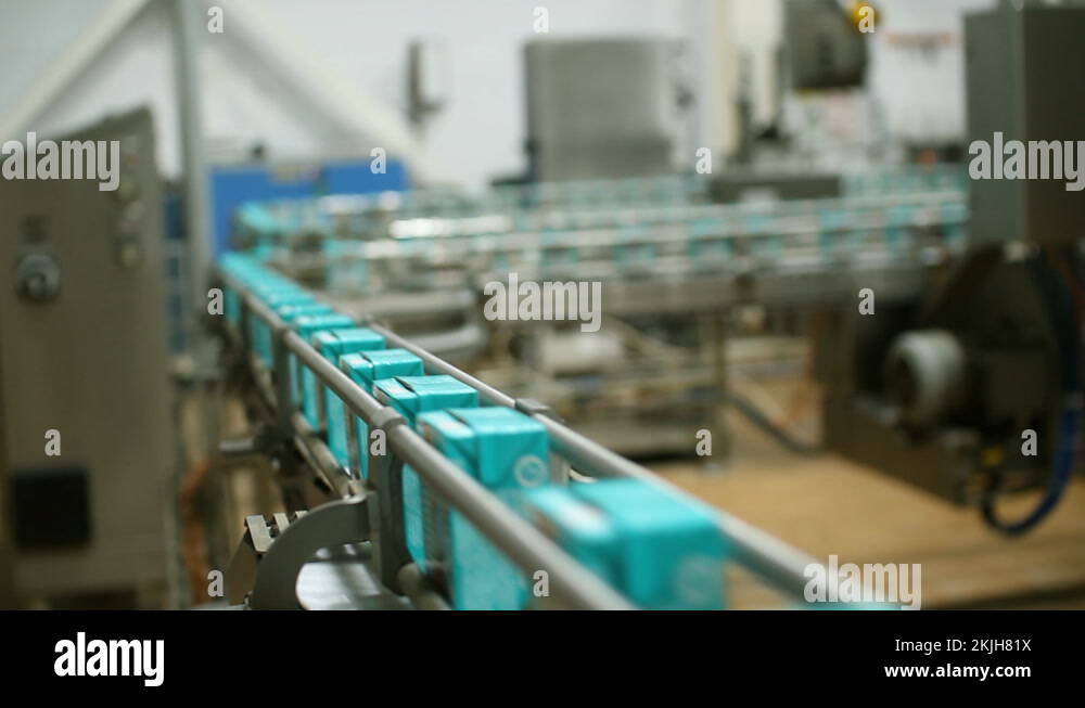 Dairy products factory. Cartons of milk. Conveyor for milk packaging ...