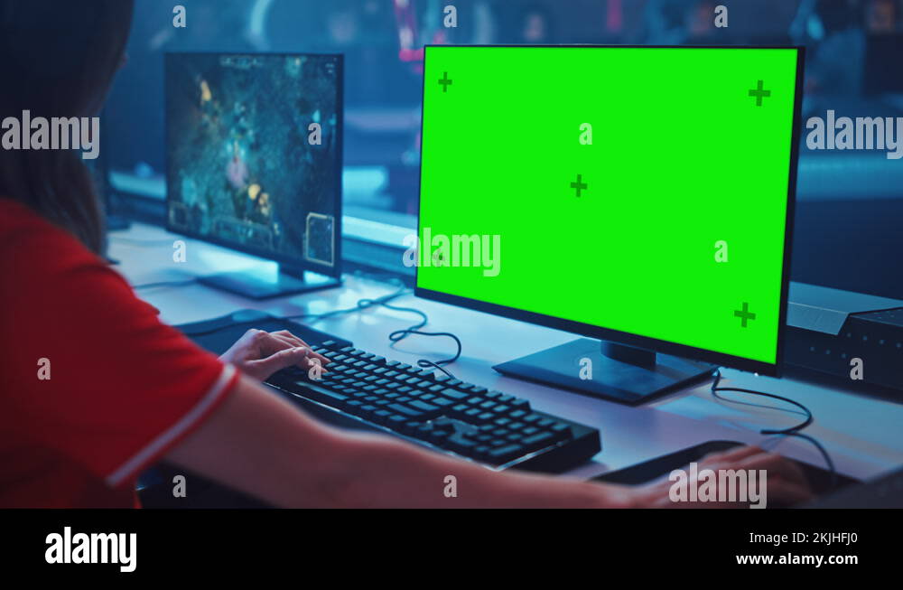 Video Game Tournament Team Plays one Green Screen Display Stock Video ...